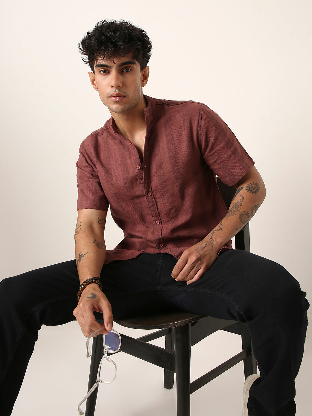 Rusty Onion Textured Mandarin Collar Shirt